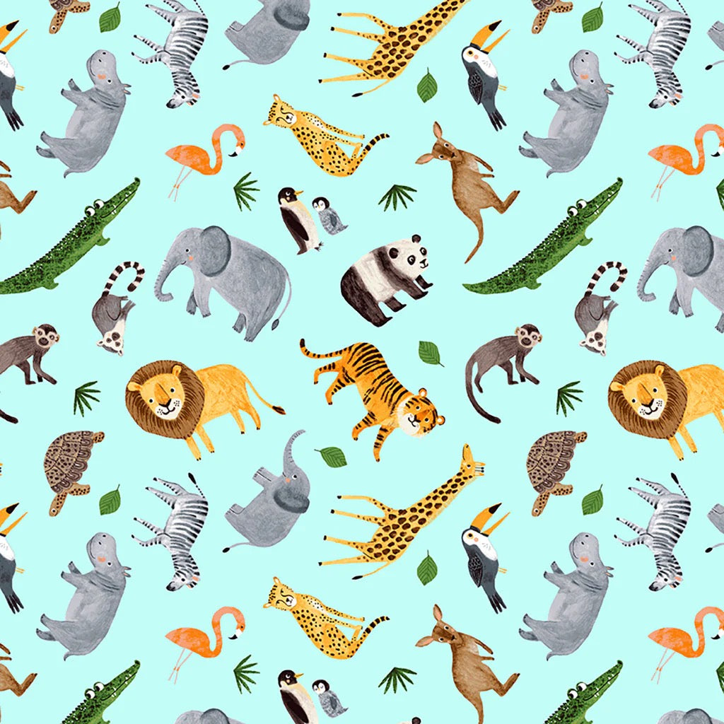 Ticket To The Zoo Animals Light Blue – Fabric Pop